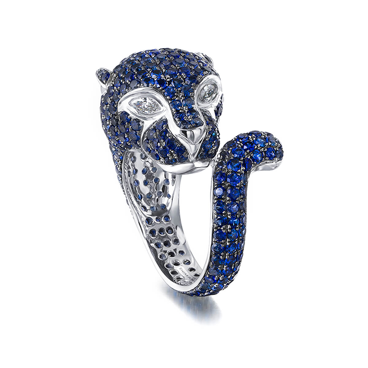 Blue Sapphire and Diamond Panther Ring - 4.7tcw - 18K White Gold ...